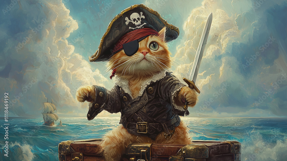 An orange tabby cat dressed as a pirate, complete with a miniature ...
