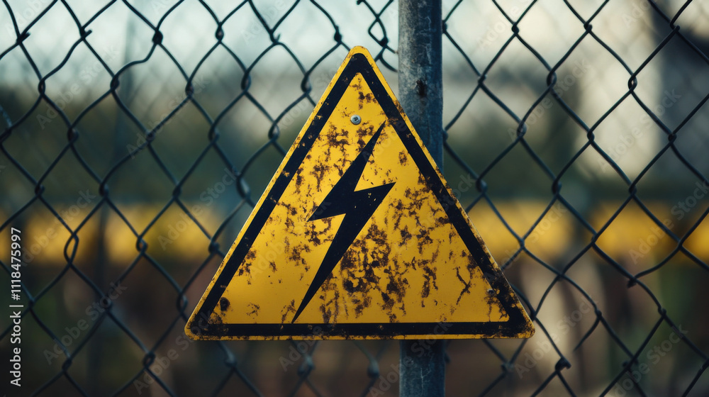 Foto de Weathered Warning Sign Featuring a Bold Lightning Bolt on a ...