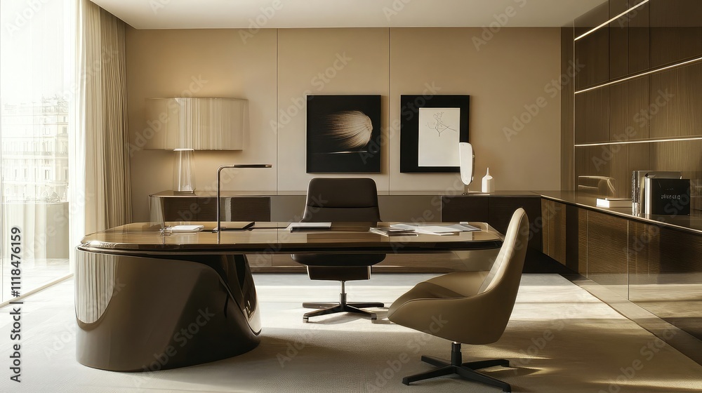 Minimalist home office with a sleek desk, ergonomic chair, and neutral ...