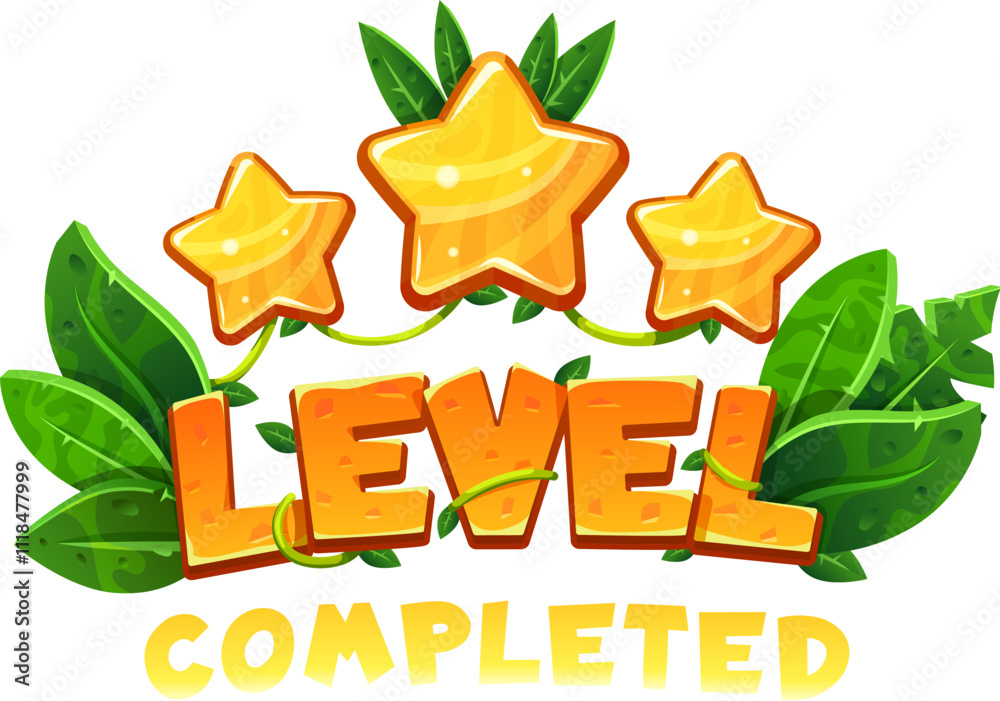 Level complete game asset icon, level up badge with golden stars, green leaves and vines. Ui or ...