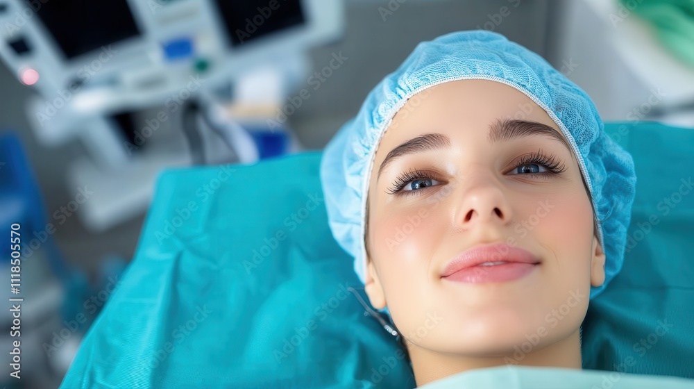 A close-up image of a woman lying on a surgical table, wearing a ...