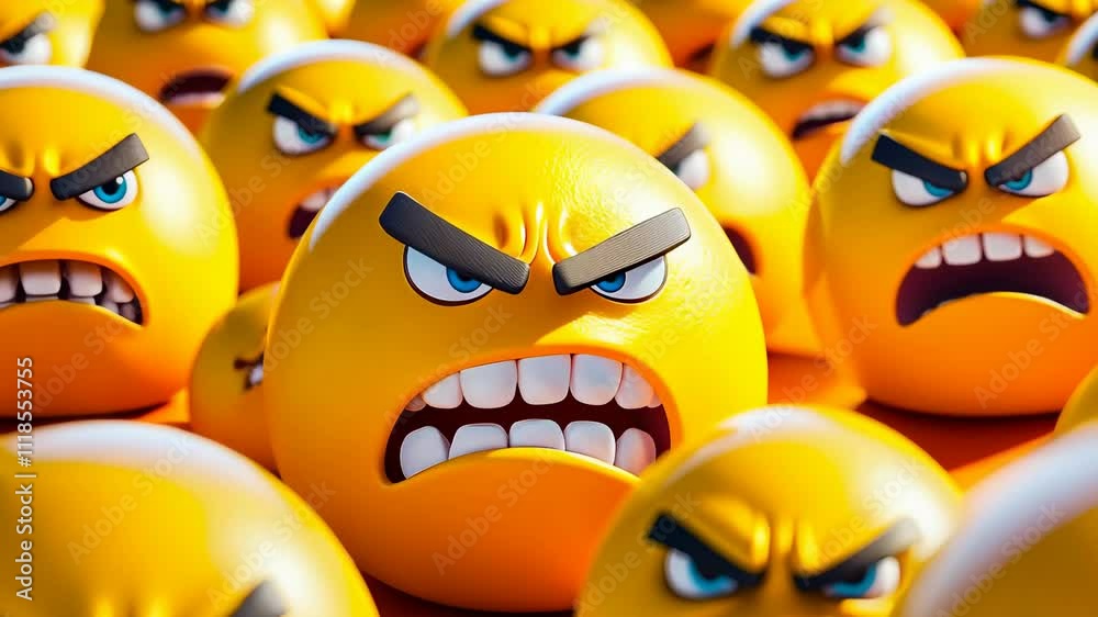 Numerous yellow emoticon faces showing extreme anger and frustration ...