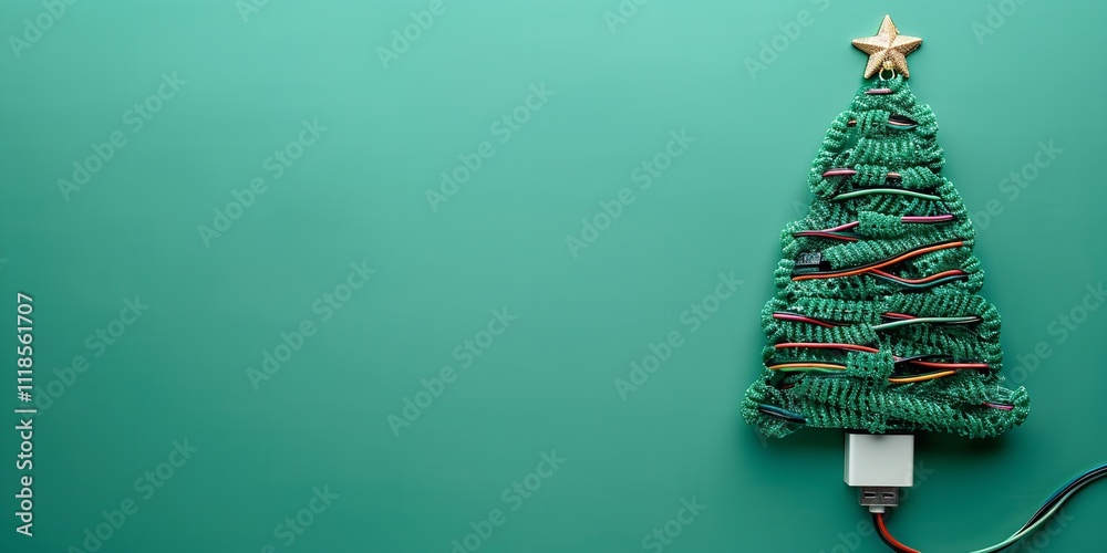 A swirled USB cable over a pale green setting develops a Christmas tree ...