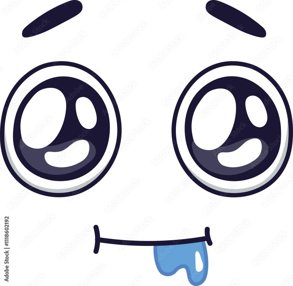 Funny cartoon face with big, round eyes, small eyebrows, a smiling ...