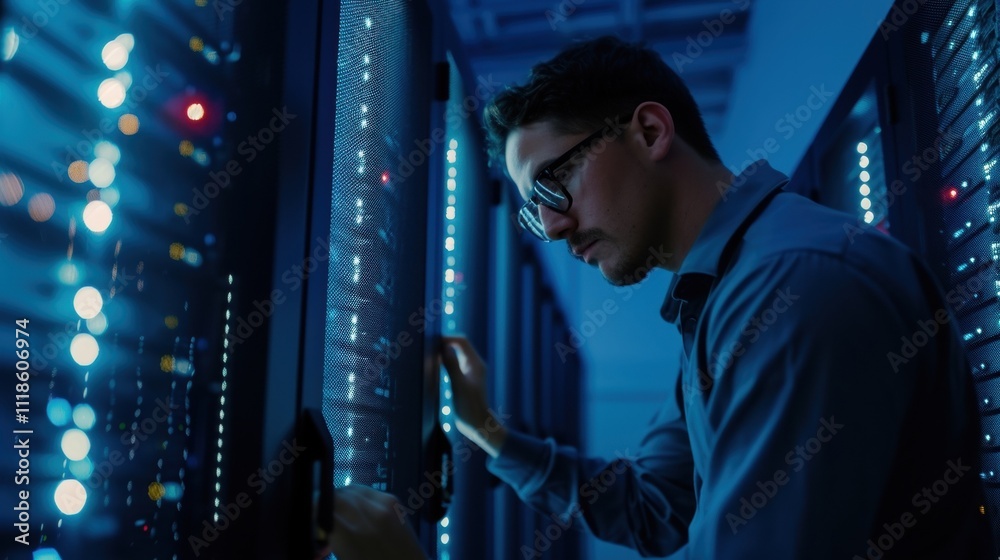 It specialist wearing glasses is opening a server rack in a modern data ...
