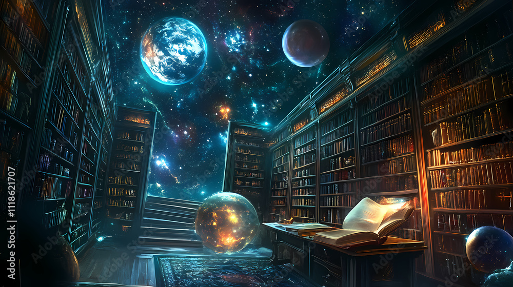 Expansive space library with bookshelves and planets, starry background ...