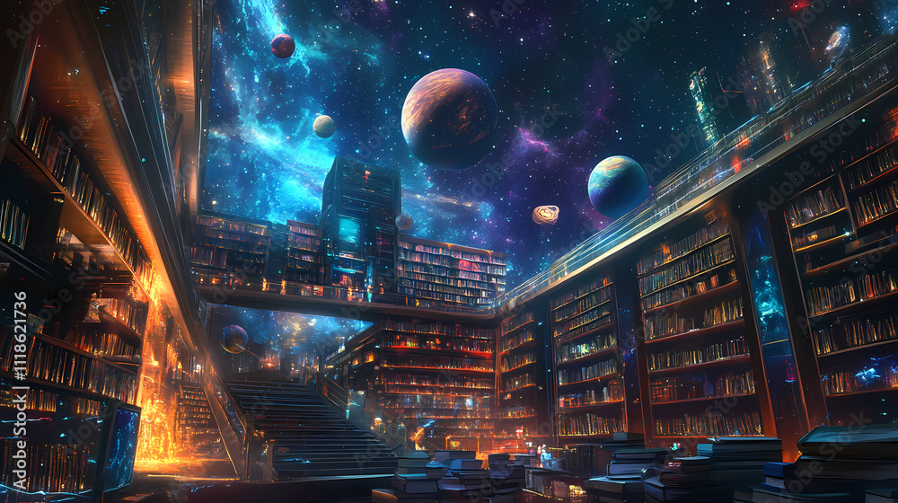 Expansive space library with bookshelves and planets, starry background ...