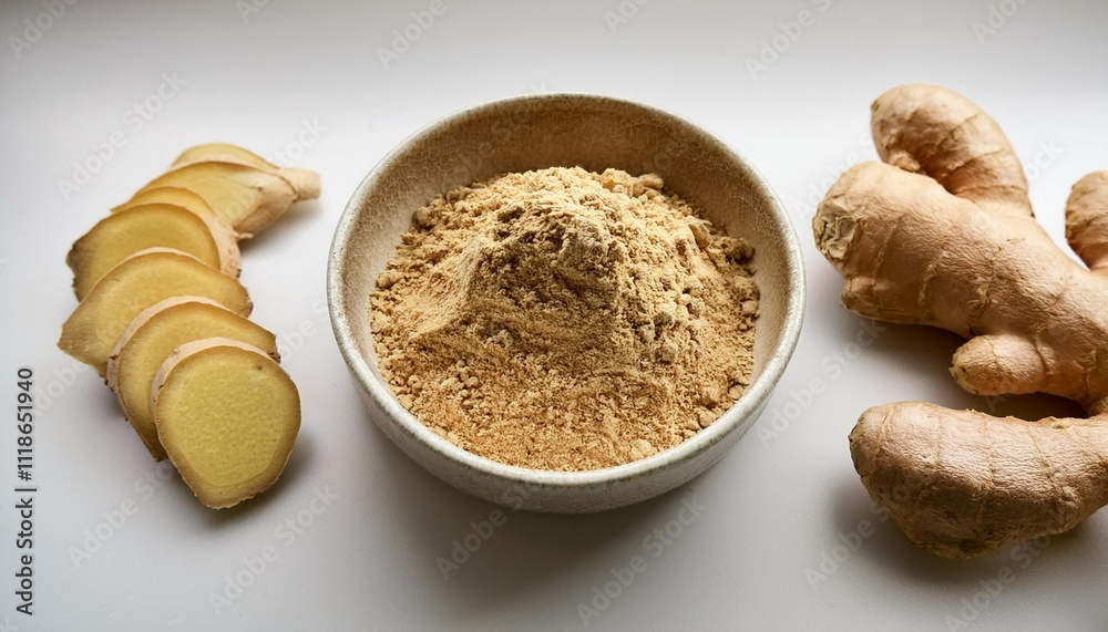 fresh ginger root and ginger powder in a ceramic bowl displayed on a ...
