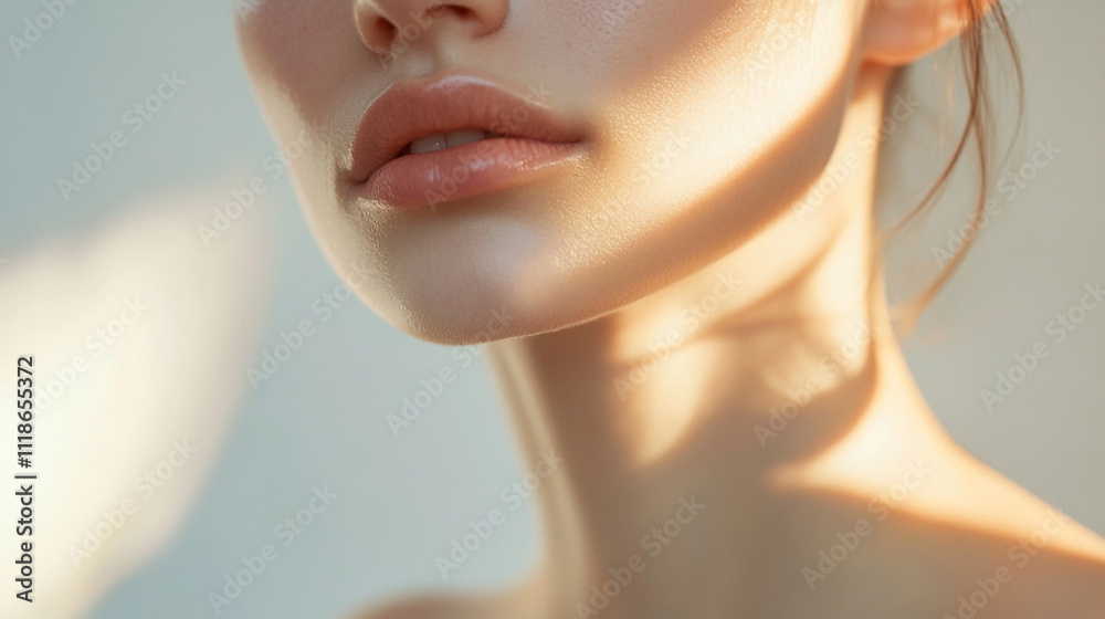 Woman with a tan face and a tan neck is standing in front of a white ...