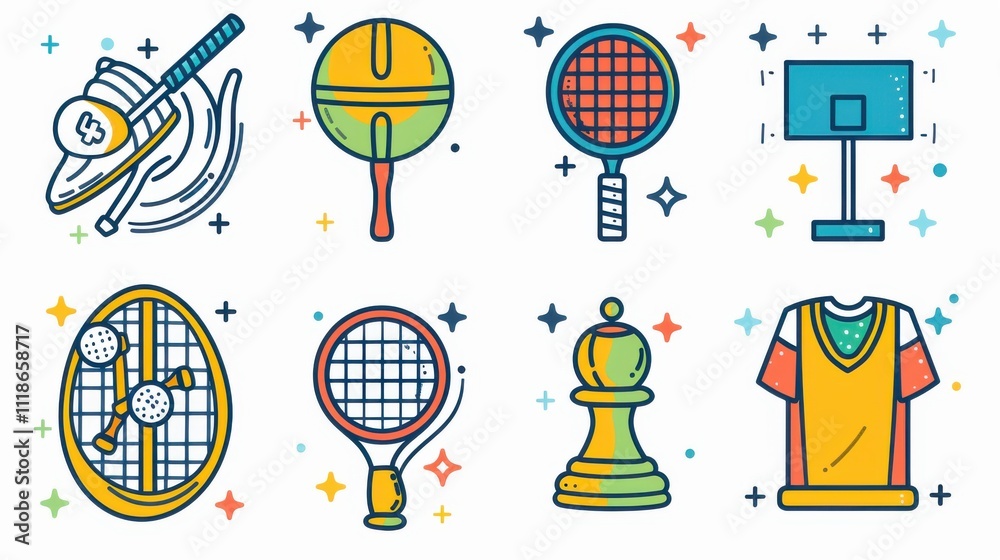 Editable line icon set of sports symbols, including football, cricket ...