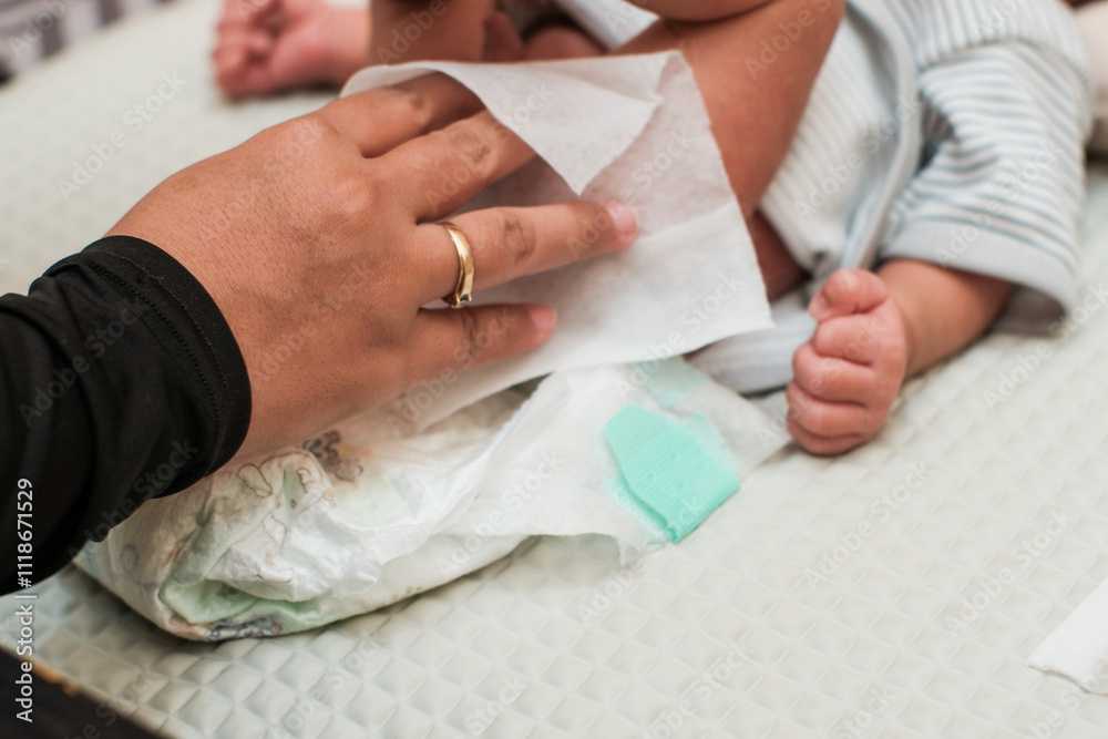 Closeup Mother changing her baby's diaper on bed, Woman taking care of ...