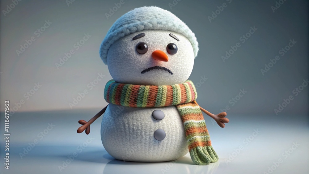 melting very sad expression snowman with a sagging scarf and half ...