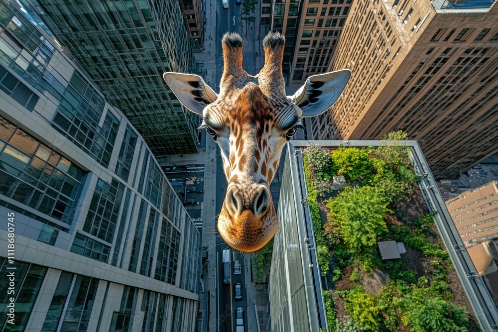 Giraffe peering curiously over a cityscape from a rooftop garden ...