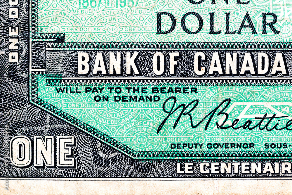 Vintage elements of old paper banknotes.Bonistics.Canada 1 Dollar 1967 ...