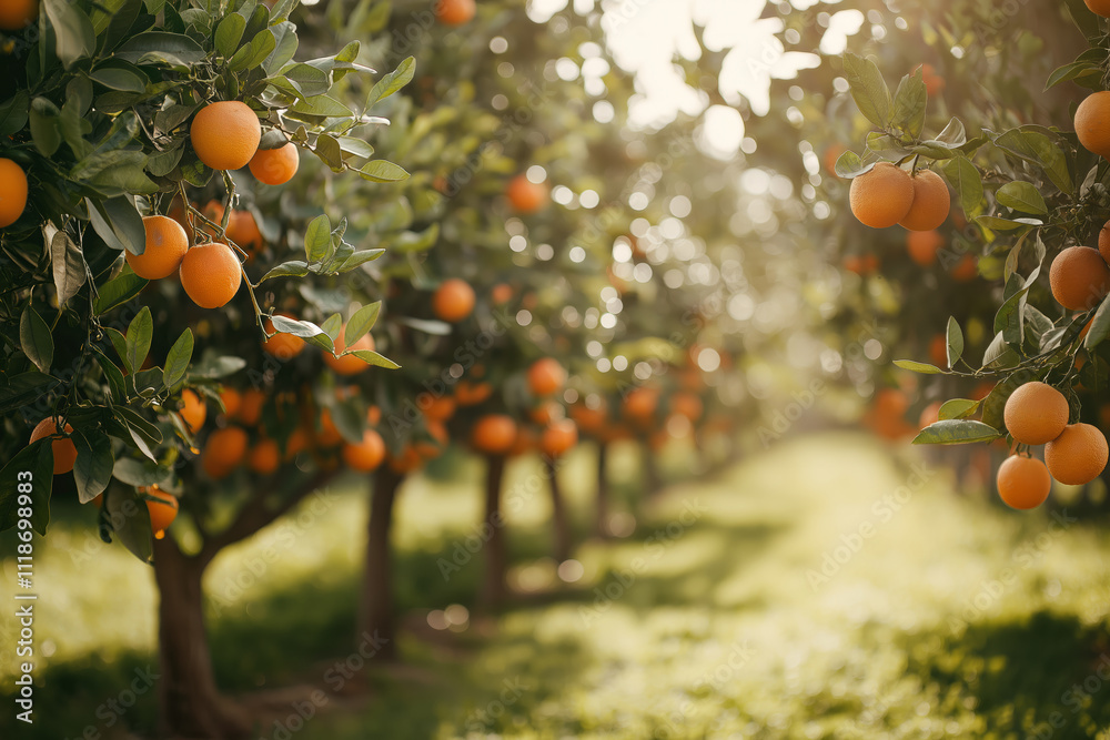 Orange trees in neat rows with vibrant fruits and leafy branches ...