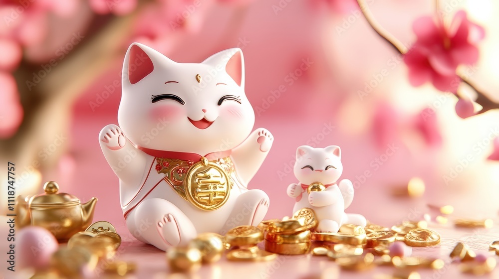 Lucky Cat Figurine Wealth Prosperity and Good Fortune Symbol with Gold ...