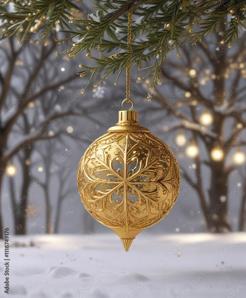 Snowflakes falling on the branches of a bare tree with a shiny gold ...