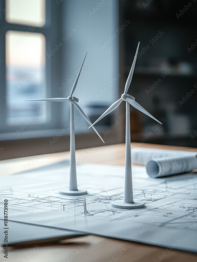 Close up of wind turbines on a table with architectural plan blueprints ...