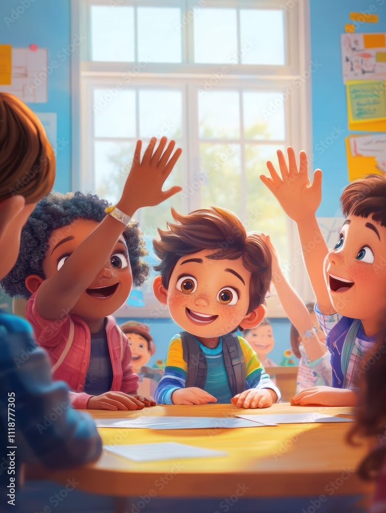 Happy diverse multiethnic kids junior school students group giving high ...