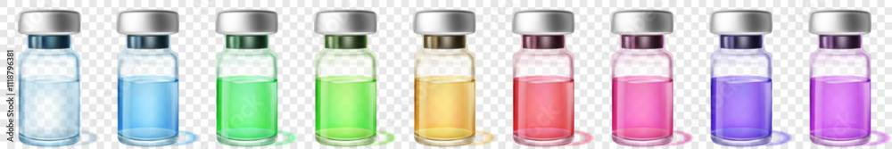 Set of glass vials, each containing a different colored liquid ...
