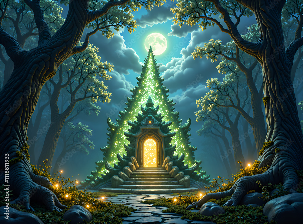 Mystical forest temple glowing under the full moon with enchanted ...