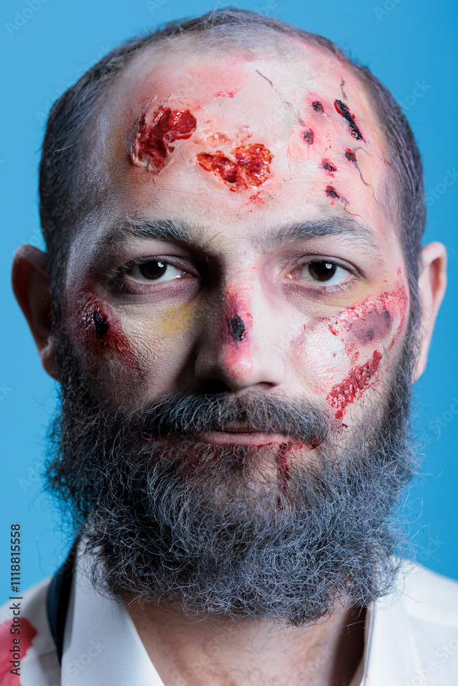 Portrait of actor dressed as horror movie zombie with fake blood and ...