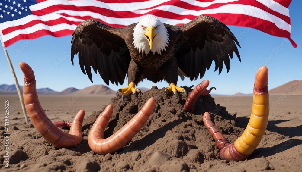 Five worms on the ground. next to the worms is a giant eagle claw and a ...