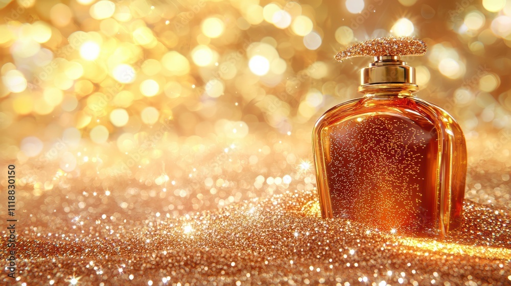 Sparkling gold glitter perfume bottle in luxurious setting close-up ...