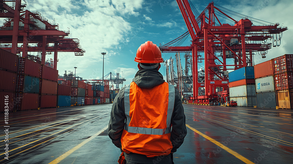 Dock worker in safety gear observing shipping containers and red cranes ...