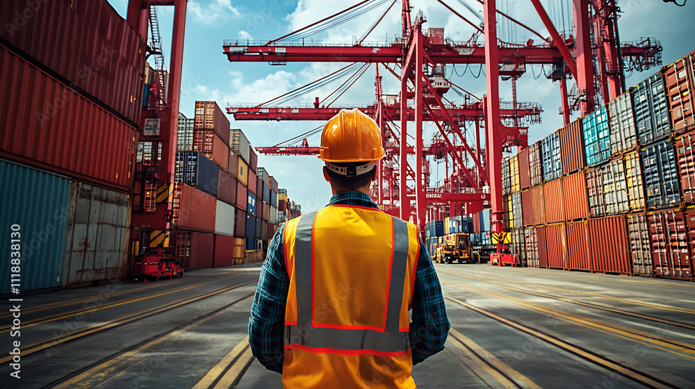 Worker in safety gear inspecting shipping containers at a port with red ...