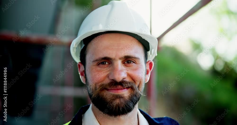 Smile, man and face of construction worker on site for building ...