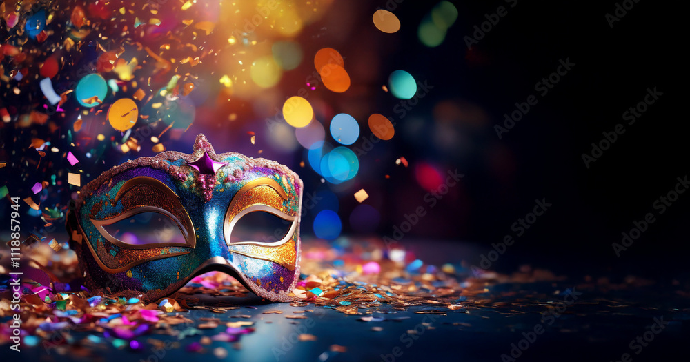 Wallpaper de máscara de carnaval colorida com glitter e confetes caindo ...
