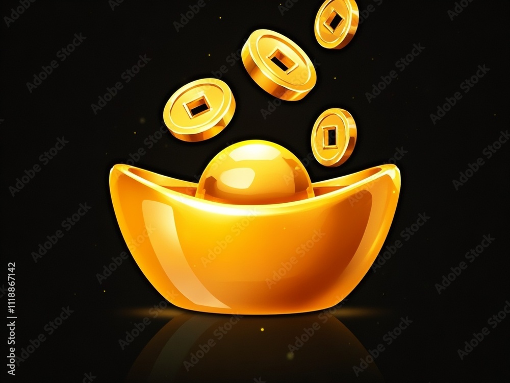 Close up of smooth and luxurious gold ingots, gold coins falling onto ...