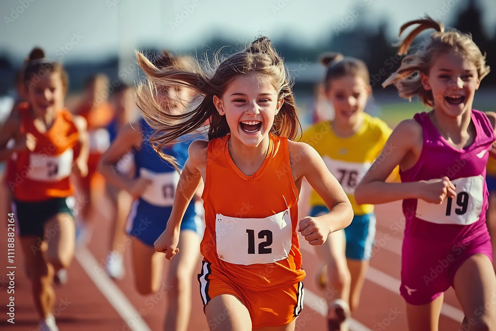 Young girls competing in a running race on an outdoor track, with a ...