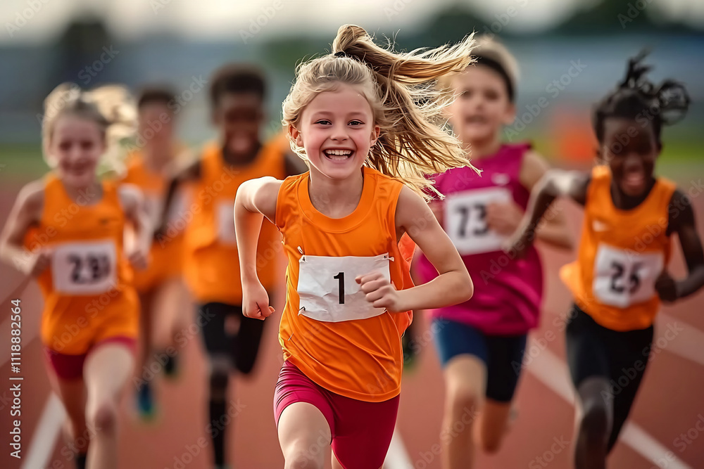 Young girls competing in a running race on an outdoor track, with a ...