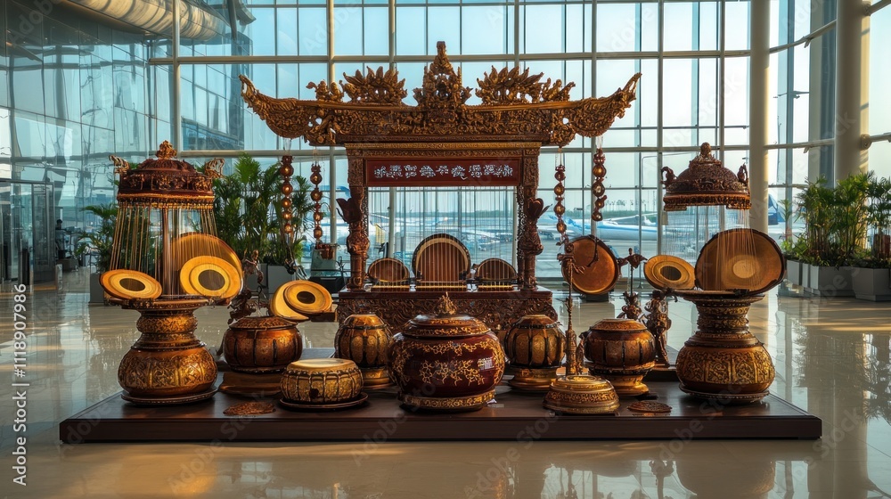 Traditional Southeast Asian Musical Instruments on Display in a Modern ...