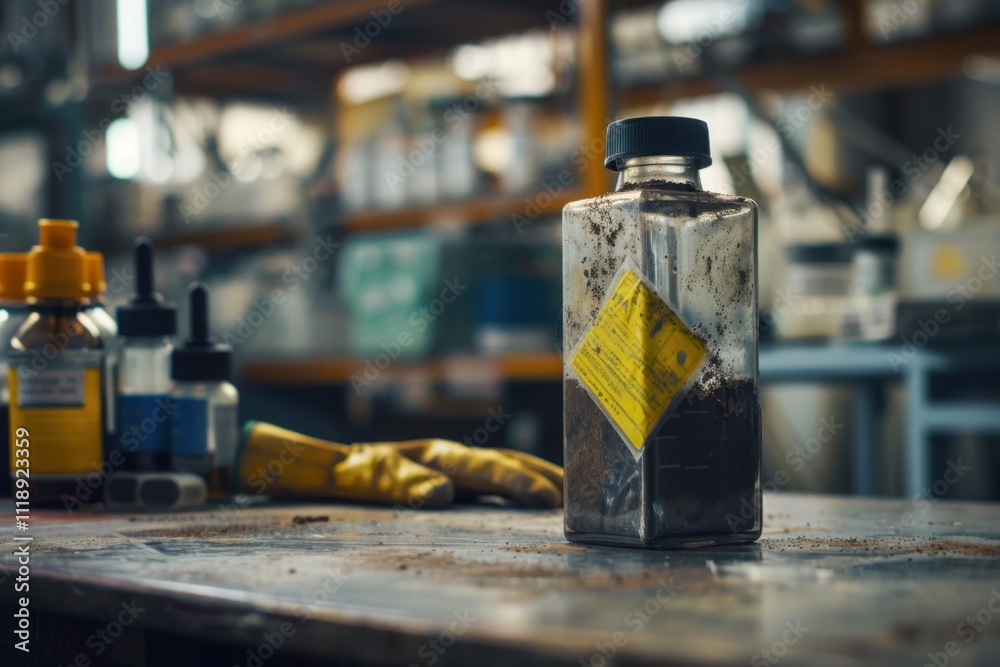 Cerium powder in flammable container on lab table backdrop chemical ...