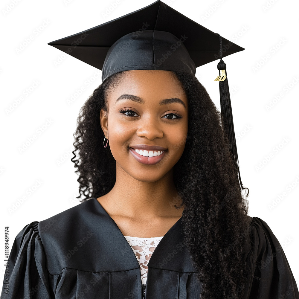 Graduation portrait with cap and gown, female african graduating ...