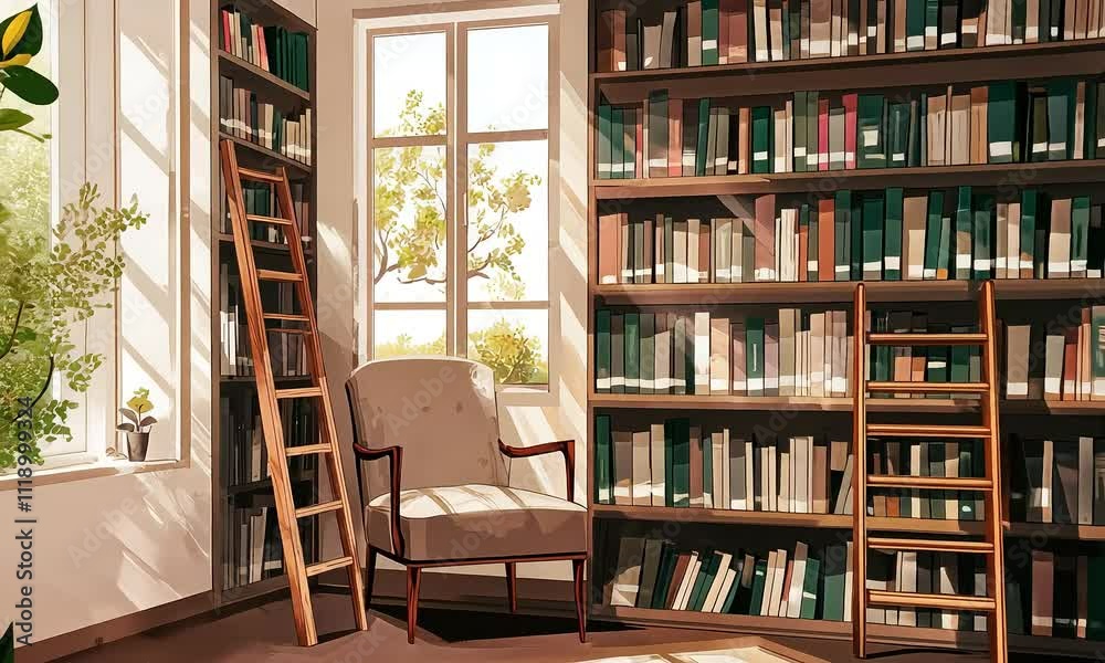 Cozy Reading Corner with Bookshelves and Sunlight, Featuring a ...