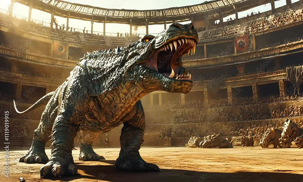 Massive Dinosaur Creature in Ancient Arena Setting with Dramatic ...