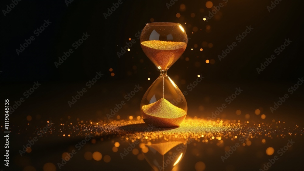 Glittering hourglass marking the countdown; golden sands flow into the ...