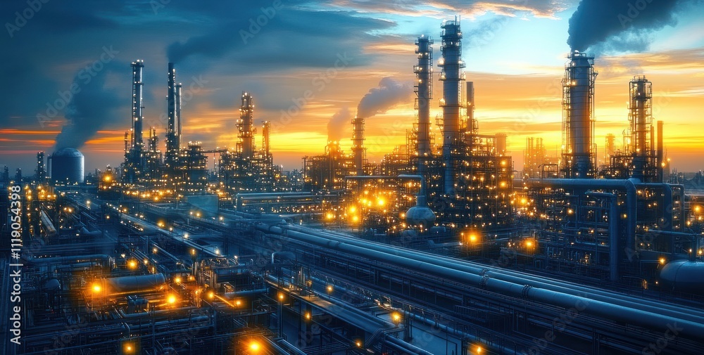 Futuristic Oil Refinery at Twilight with Pipelines and Smokestacks in ...