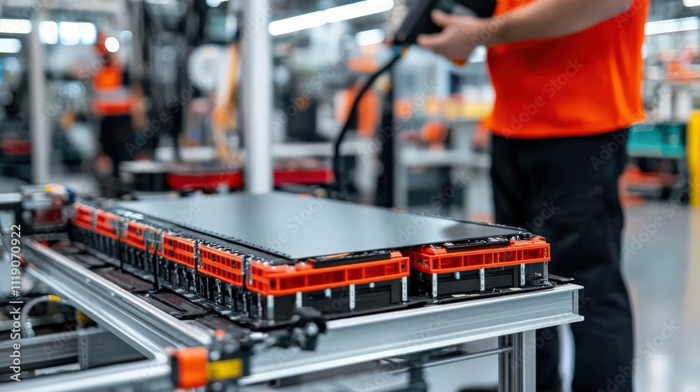 Modular EV battery pack being assembled using recycled materials, clean ...