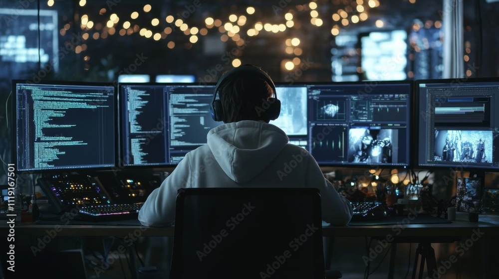 Concentrated person in white hoodie at cluttered desk with multiple ...