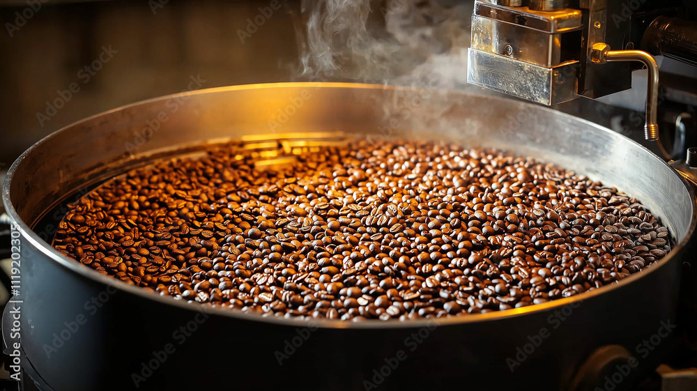 Coffee Roasting Process with Beans Tumbling Inside Large Roasting Drum ...