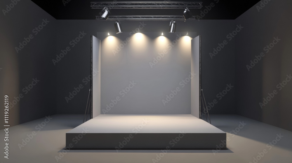 Booth stand with walls and floor, platform and spotlights 3d mockup ...