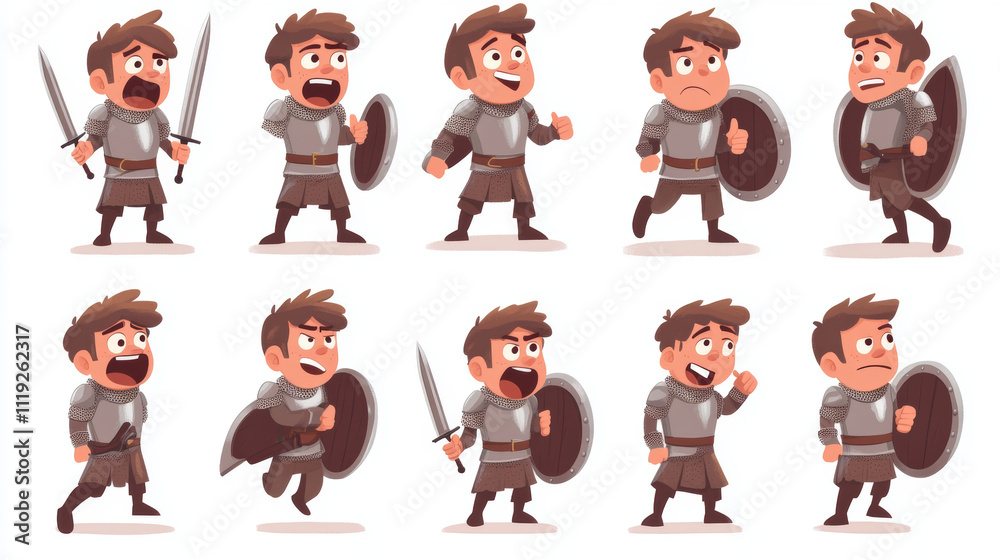 Cute knight character emotions isolated on background. Vector ...