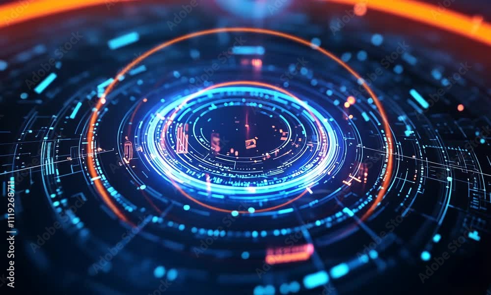 Abstract Digital Interface with Glowing Blue and Orange Concentric ...