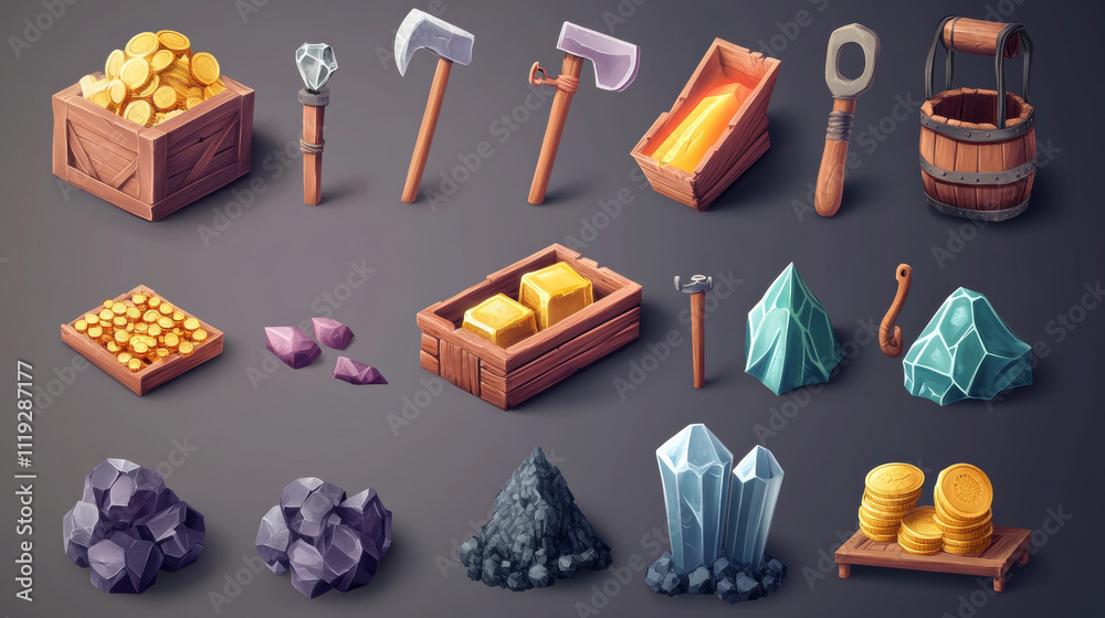 Game mining props icons dynamite, golden coins in sack, pickaxe and ...