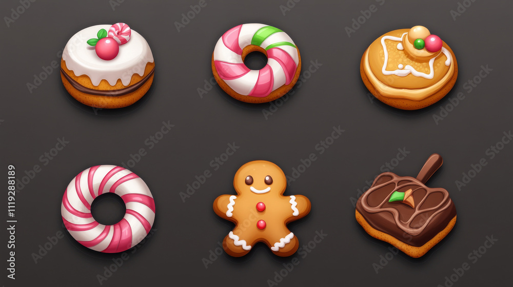 Candy game icons big set, cartoon vector sweets ui elements. Caramel ...